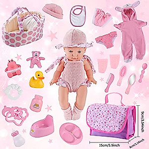 deAO 13 Inch Newborn 26 PCS Baby Doll with Clothes Doll Accessories Reborn Realistic Baby Dolls with Carrier Bassinet Bed,Pillow & Caring Set Baby Grow Up Doll for Kids Girl