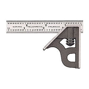 Starrett Steel Combination Square with Square Head - 4" Blade Length, Cast Iron Heads, Hardened Steel, Reversible Lock Bolt, 4R Graduation Type - 11H-4-4R