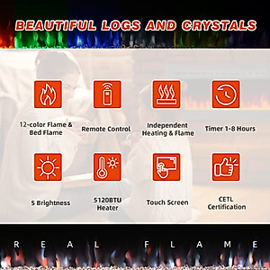 EROMMY 70'' Fireplace TV Stand with 36'' Electric Fireplace, Entertainment Center with 16 Color Led Lights and 12 Flame Fireplace Insert Heater, TV Console for TVs up to 80'' for Living Room, Black