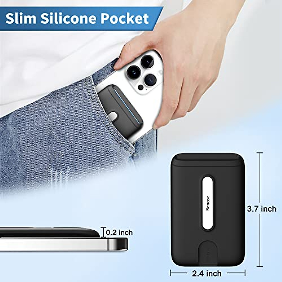 Senose Magnetic Wallet Compatible for Magsafe, Silicone Phone Card Holder Compatible for iPhone 14 Pro Max/14 Pro/14 Plus/14/13 Pro max/13 Pro/13/12 Pro Max/12 Pro/12 and Mag Safe Case, Black