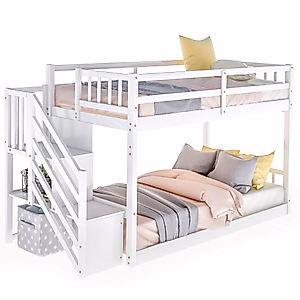 Merax Twin Over Twin Low Bunk Bed with Ladder and for Storage Staircase for Teens, Boys or Girls, No Box Sping Needed