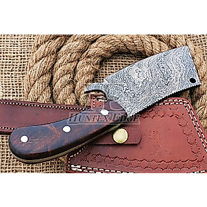 HUNTEX Handmade Hand-Forged Twist Pattern Damascus Steel 9 Inch Long Full Tang Walnut Wood Handle Razor Sharp Hunting Camping Cleaver Knife w/Genuine Leather Sheath