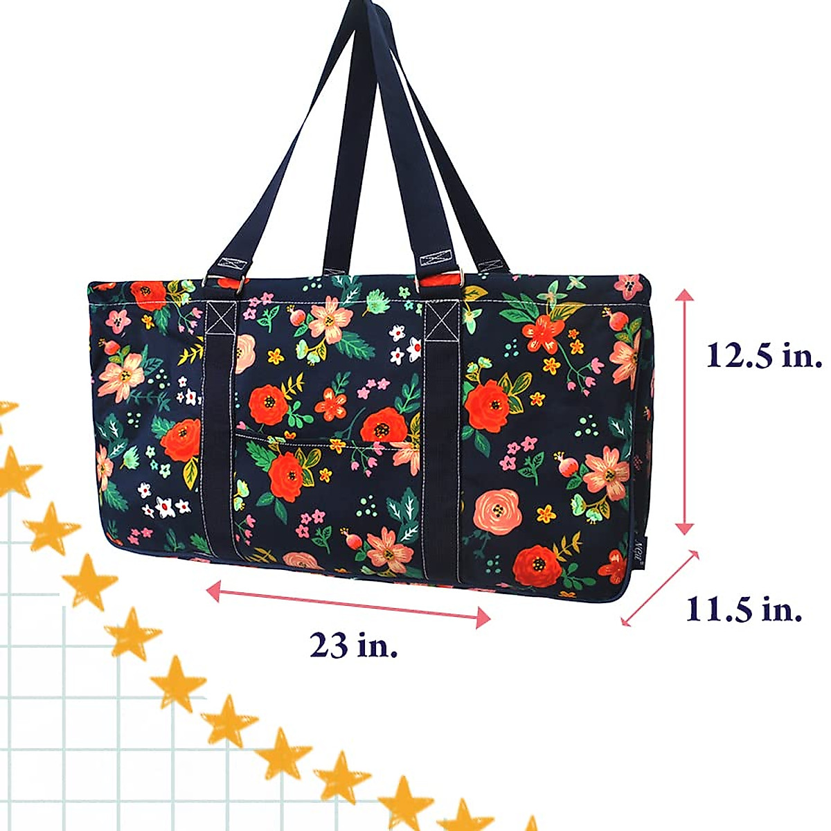 NGIL Extra Large Utility Tote Reusable Grocery Bag Oversized Collapsible for Groceries, Storage, Picnic, Beach (Floral Pattern-navy)