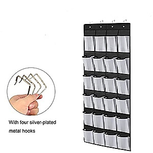 CdyBox 24 Grid Door Rear Finishing Storage Hanging with 4 Silver-plated Metal Hooks Over the Door Shoe Organizer (Black)