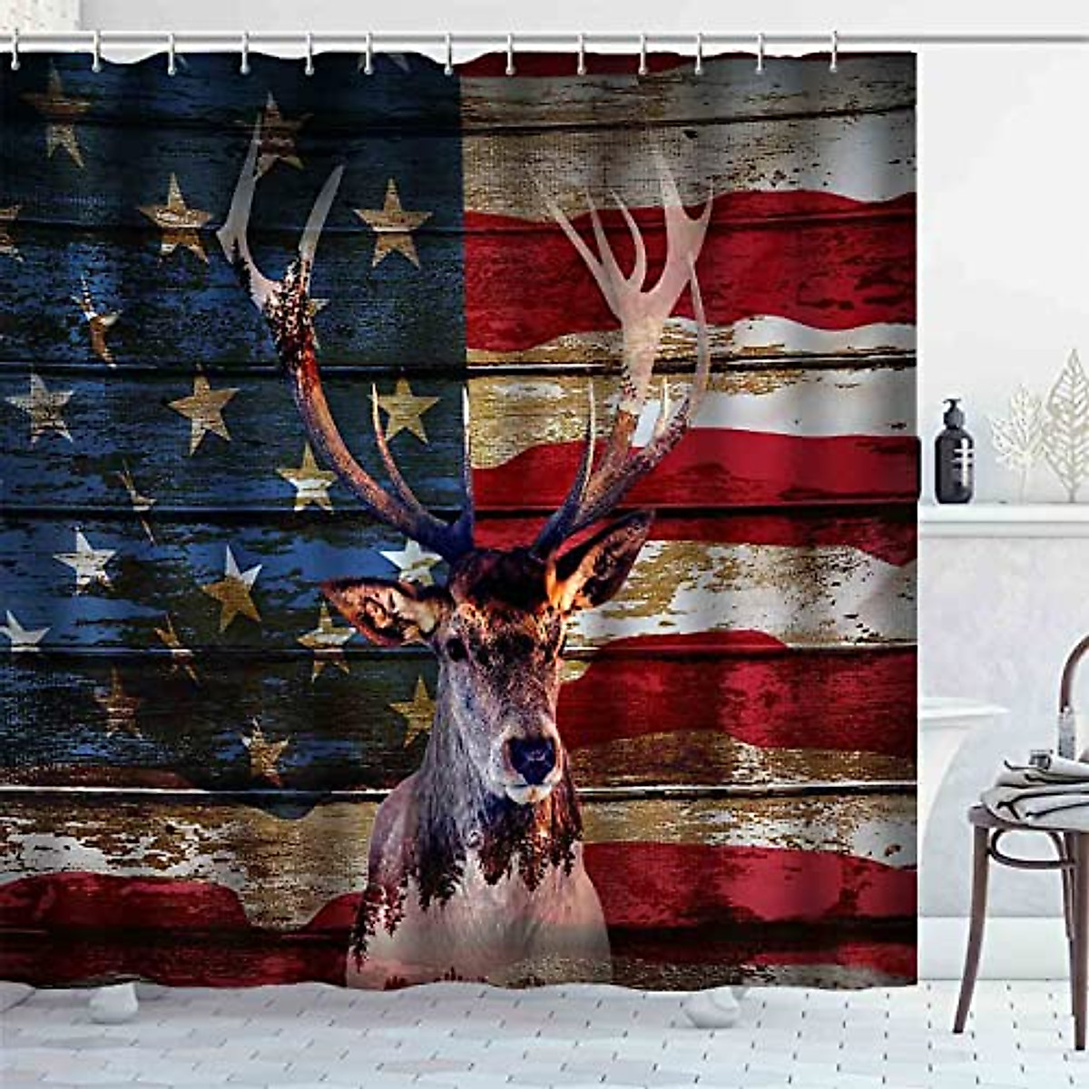 Dia Magico 4PCS Deer Shower Curtain Set, American Flag Patriotic Elk Antlers Moose Woodland Forest Animal Hunting Lodge Cabin Rustic Farmhouse Bathroom Decor, Fabric Shower Curtain Non-Slip Bath Mat