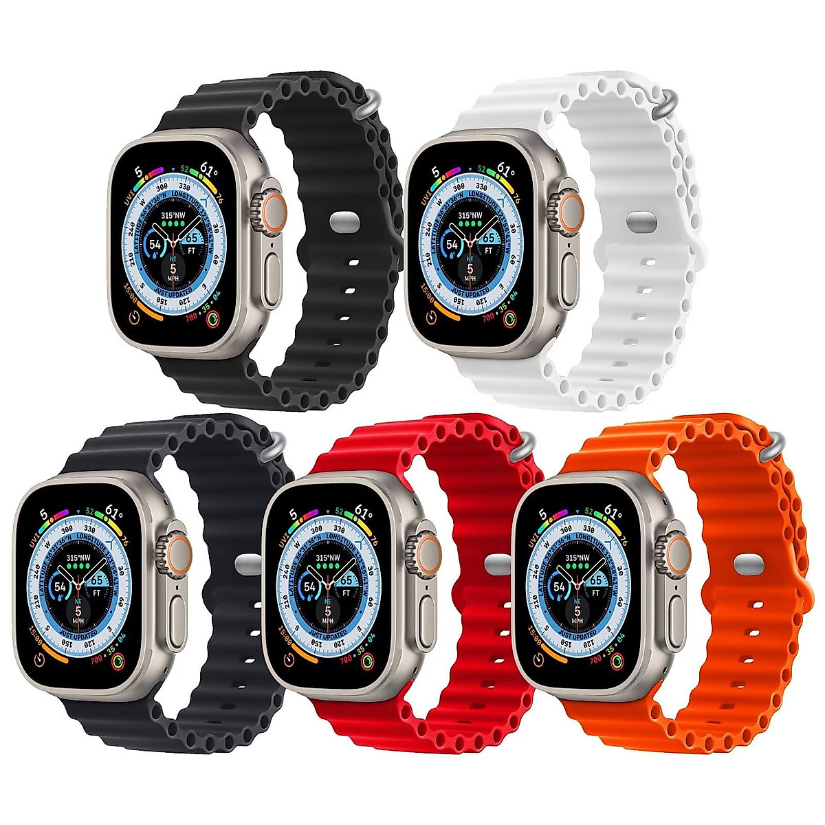 Ycysh 5 Pack Silicone Compatible with Apple Watch Ultra Ocean Band 49mm 45mm 44mm,Women Men Soft Sport Strap for iwatch Series Ultra 8 SE,44/45/49mm Black,White,Midnight,Red,Orange HYSL5PB49
