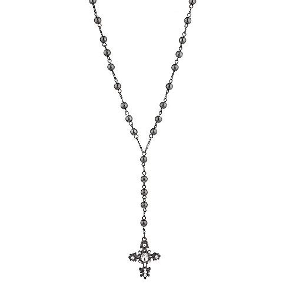 LUX ACCESSORIES Crystal Black Rosary Catholic Rhinestone Long Cross Beads Chain Necklace