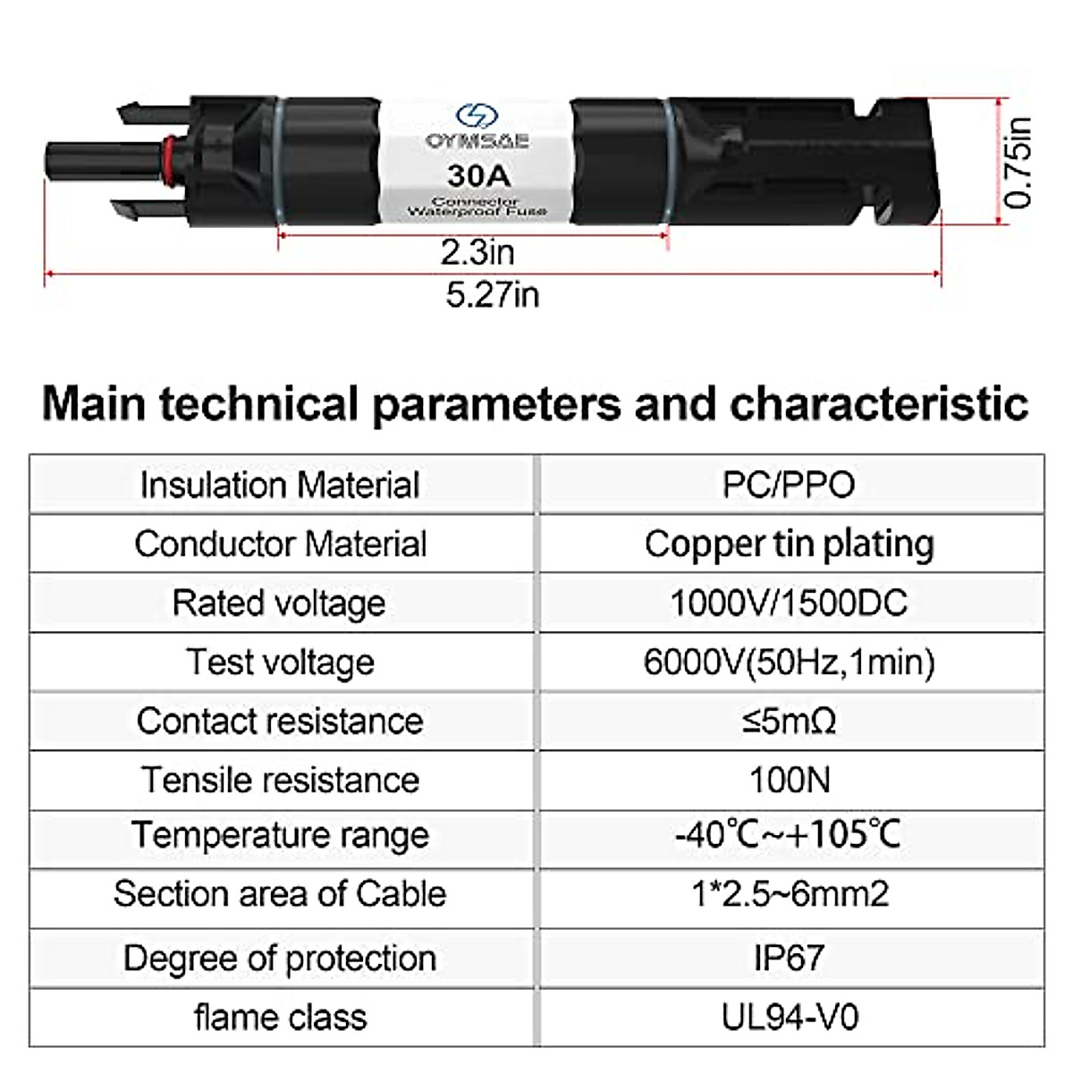 OYMSAE 30A Solar Fuse Holder Inline Male and Female Connector 30 Amp PV Fuse for Solar Pannel Waterproof w/Fuse, Black