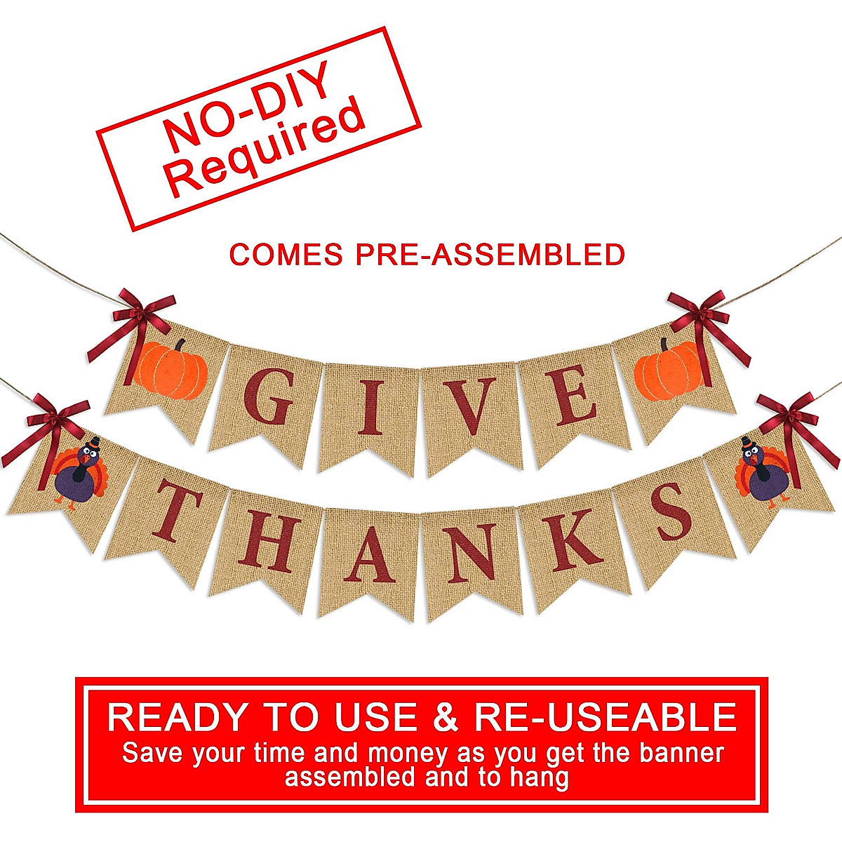 Give Thanks Burlap Banner| ThanksGiving Burlap Banner Thanksgiving Decorations| Rustic Thanksgiving Turkey Pumpkin Bunting| Thanksgiving Party Supplies Fireplace Mantle Decor