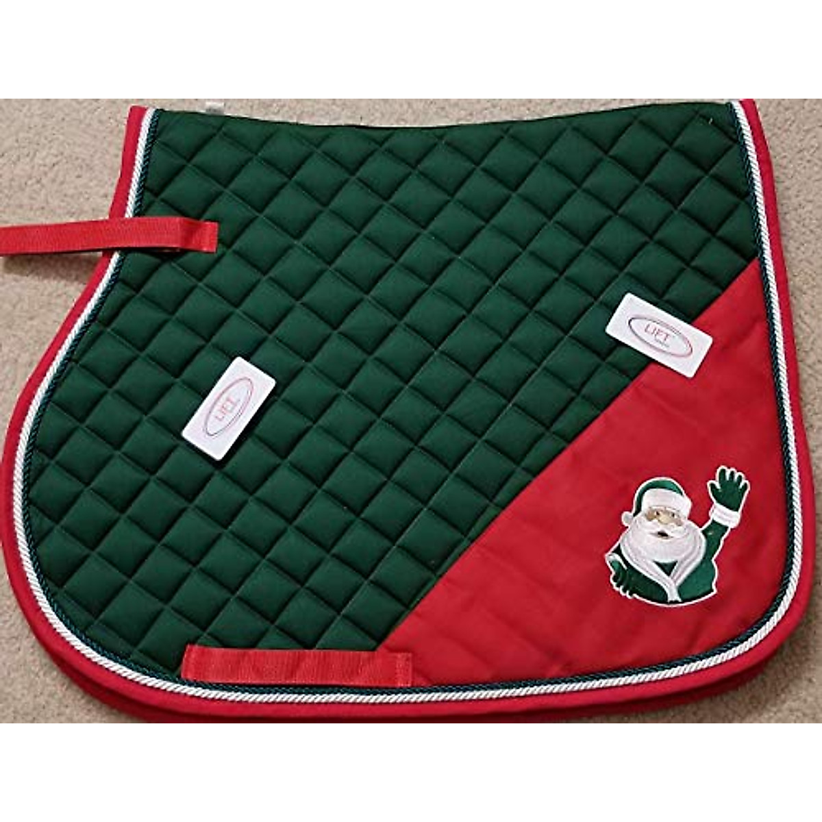 Lift Sports Horse Christmas Santa Claus Saddle PAD Set with Matching Fly Bonnet Ear NET Cotton Hand Made Crochet Fly Veil Hood MASK Equestrian Shows Breathable Cotton (Full/Horse)