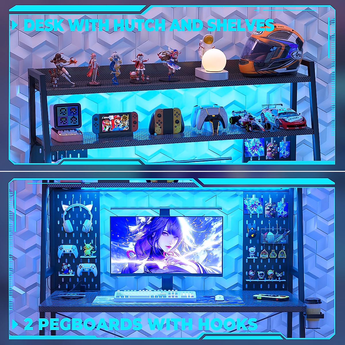 Besiost Small Gaming Desk with Hutch and LED Lights, Gaming Computer Desk with Power Outlets, Gamer Desk with Storage Shelves, PC Gaming Desk with Pegboards for Bedroom Small Spaces, Black, 43"