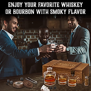 Whiskey Gift Set, 14 pcs - Whiskey Decanter + Wooden Smoker + Old Fashioned Glasses - 2 pcs, in Wooden Box with Wood Chips, Whiskey Stones 6 pcs Included - Gift for Men (Torch Not Included)