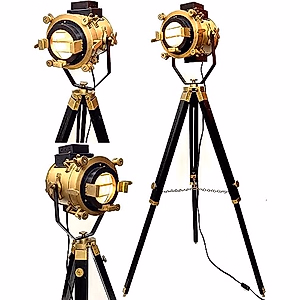 ALADEAN Industrial Tripod Floor Lamp for Living Room Bedroom, Vintage Spotlight Reading Lamp with Wooden Legs Metal Nautical Searchlight Floor Lamp for Office, Cinema, Dorm (Antique Searchlight 45")