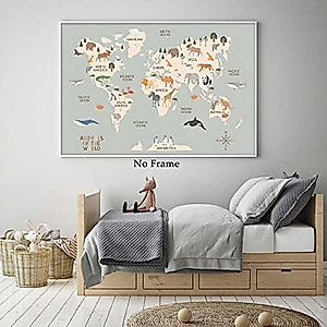 World Map Poster Animals Nursery Educational Wall Pictures Green World Map Wall Art Animal Nursery Pictures Animal Map Canvas Wall Art Nursery World Map Wall Art Watercolor Map Wall Art 16x24in No Frame