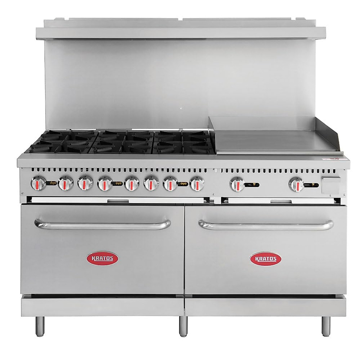 Kratos 60" Wide Commercial Gas Range with 6 Burners, 24" Wide Griddle, and Two Full Size Standard Ovens, Stainless Steel Range for Restaurants, 280,000 Total BTU Output, Natural Gas (29Y-046-NAT)