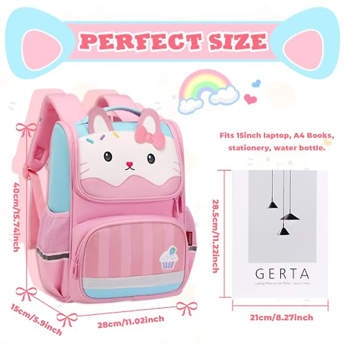 ASKSKY Kids Backpack for Girls, Kawaii Cartoon School Backpack Wide Open Bookbag for 5-10 years old with Reflective Strip, Blue Kitty