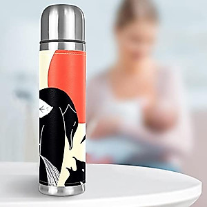 Stainless Steel Leather Vacuum Insulated Mug Penguin Thermos Water Bottle for Hot and Cold Drinks Kids Adults 16 Oz