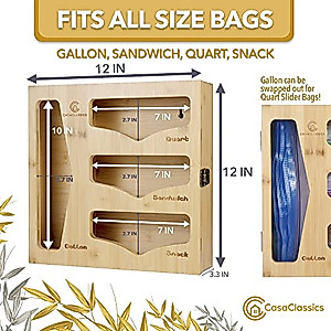 CasaClassics Ziplock Bag Storage Organizer – Eco-Friendly Bamboo Organizer for kitchen drawer – Easy to load Ziplock bags – Wall mountable - Compatible with Ziploc, Solimo, Glad, Hefty for Gallon, Quart, Sandwich, and Snack Variety Size Bag