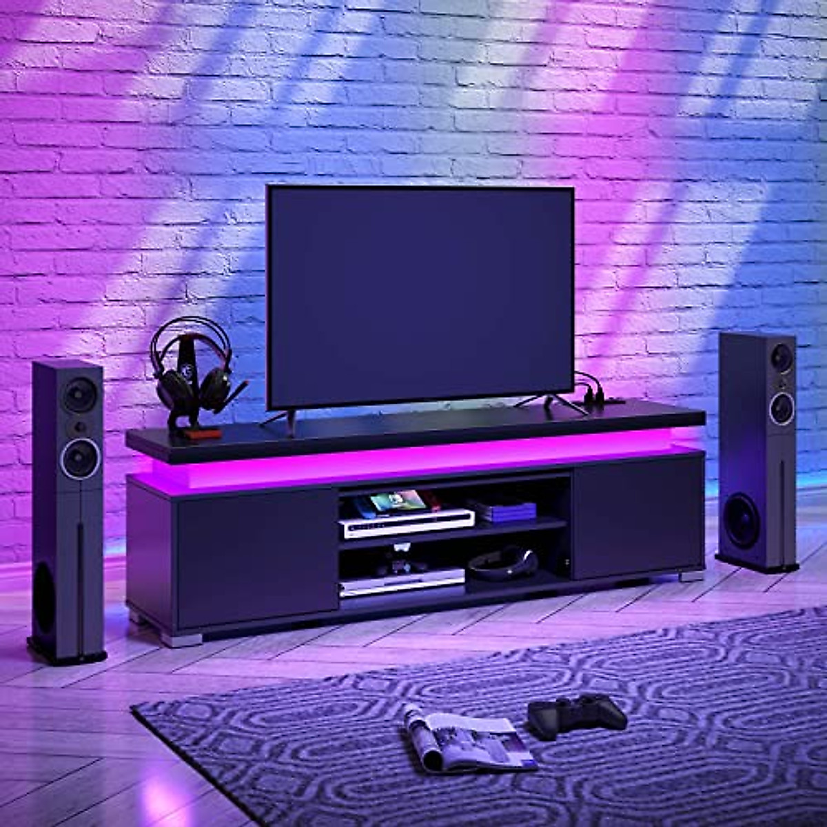 Rolanstar TV Stand with LED Lights & Power Outlet, Modern Entertainment Center for 32/43/50/55/65 Inchs TVs, Tv Table, Universal Gaming LED TV Media stand with Storage Cabinet and Large Storage, Black