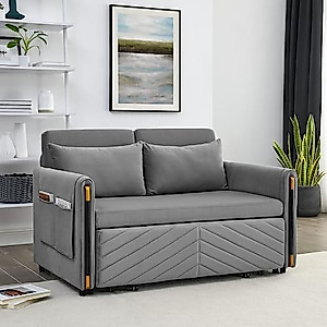 Eafurn Convertible Sleeper Sofa Bed, Modern Velvet Padded Loveseat Couch with Pull Out Bed & w/ 2 Pillows and Side Pockets, Small Love Seat Futon Sofa & Couch with Headboard for Living Room, Grey 54"