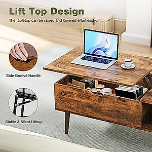 OLIXIS Modern Coffee Table Wooden Furniture with Lifting Tabletop, Storage Shelf and Hidden Compartment for Living Room Office, Rust Brown