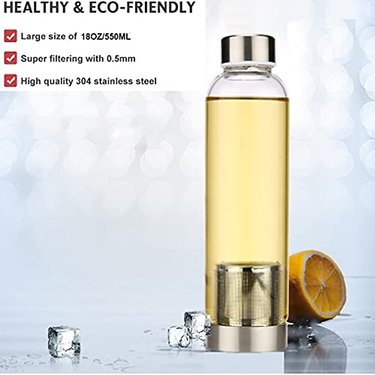 NC Glass Water Bottles with Infuser Strainer 18oz Glass Water Bottle with Stainless Steel Filter Leak Proof Tea Tumbler with Nylon Protective Sleeve (Black, 18OZ)