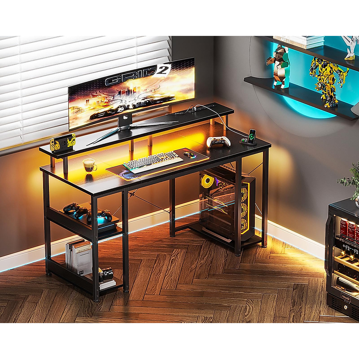 ODK 48 inch Gaming Desk with LED Lights & Power Outlets, Computer Desk with Monitor Stand & Storage Sheves, CPU Stand, Home Office Desk, Black
