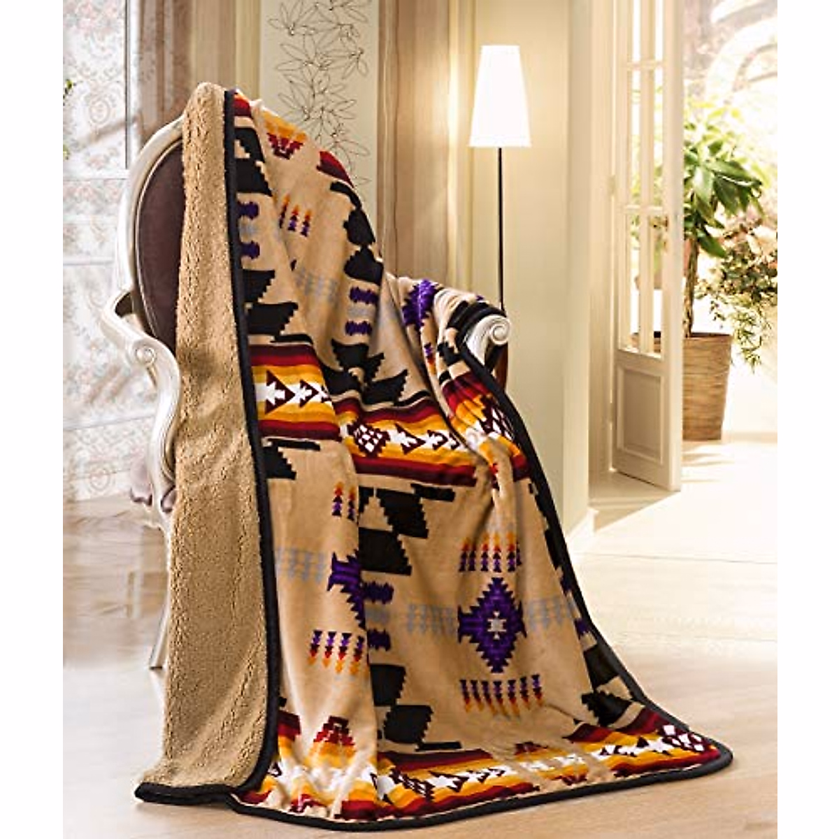 Nu Trendz Signature Southwest Design (Navajo Print) Sherpa Lined Throw 16112 Camel (tan)