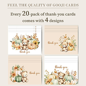 Gooji 4x6 Pumpkin Teddy Bear Thank You Cards with Envelopes Fall Baby Shower Thank You Cards Girl (Bulk 20-Pack) Birthday, Thanksgiving, Woodland,Floral, Boho, Rustic, We Can Bearly Wait