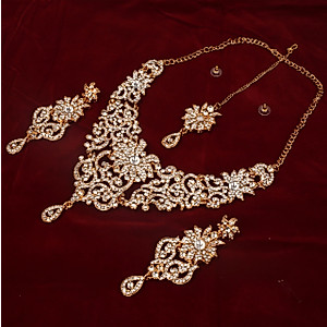 Touchstone Indian jewelry sets for women bollywood gold wedding bridal necklace desi earrings formal fancy rhinestone india designer jewellery punjabi white kundan tikka set in antique gold tone.