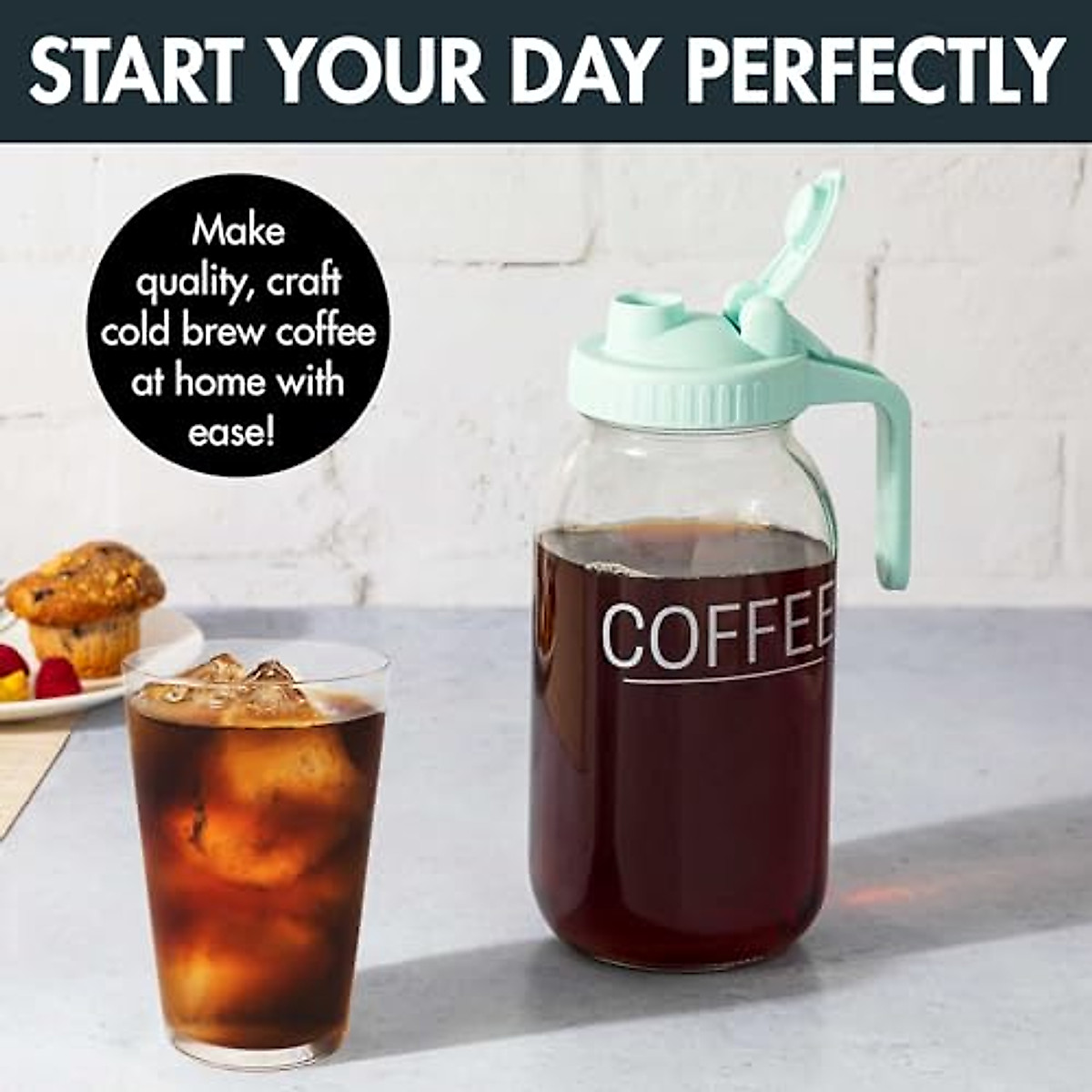 Primula Mason Jar Cold Brew Iced Coffee Maker with Stainless Steel Filter and Easy Pour Lid, Durable Glass Pitcher Fits in Most Fridge Doors, Dishwasher Safe, Made without BPA, 2-Quart, Aqua
