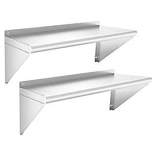 Chingoo Stainless Steel Shelf 12" x 36" - 2 Pack 300 lb Wall Mounted Commercial Stainless Steel Shelves Metal Shelving for Restaurant, Bar, Utility Room, Kitchen and Garage