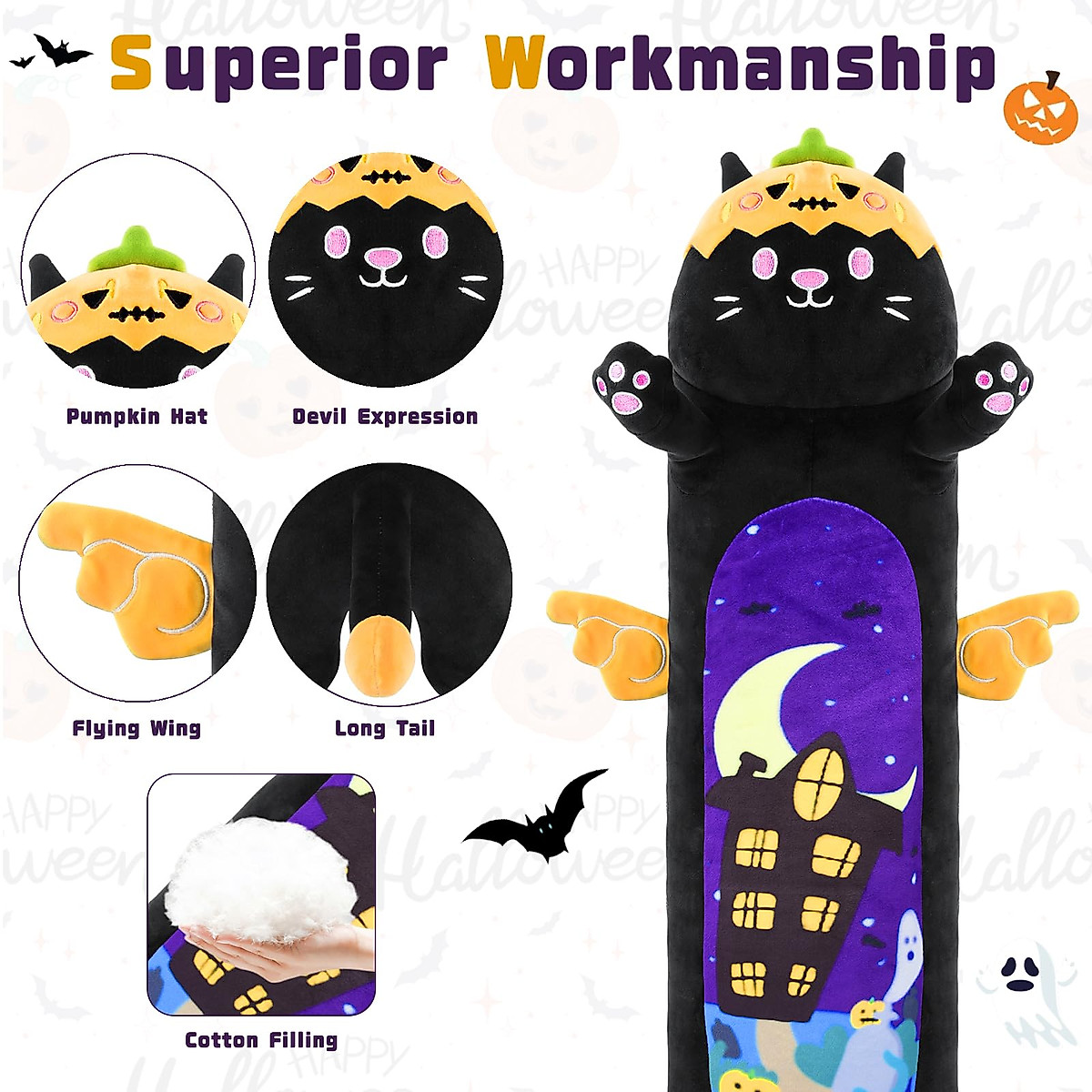 UCALMA Long Cat Plush Body Pillow, 20" Cute Black Cat Stuffed Animals Soft Kawaii Plushies, Halloween Cat Plush Pillow Kitten Doll Big Cat Plush Toys for Kids Girls Girlfriend Teen Lover