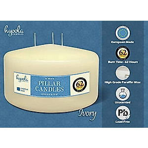 HYOOLA Ivory Three Wick Large Candle - 6 x 3 Inch - Unscented Big Pillar Candles - 62 Hour - European Made