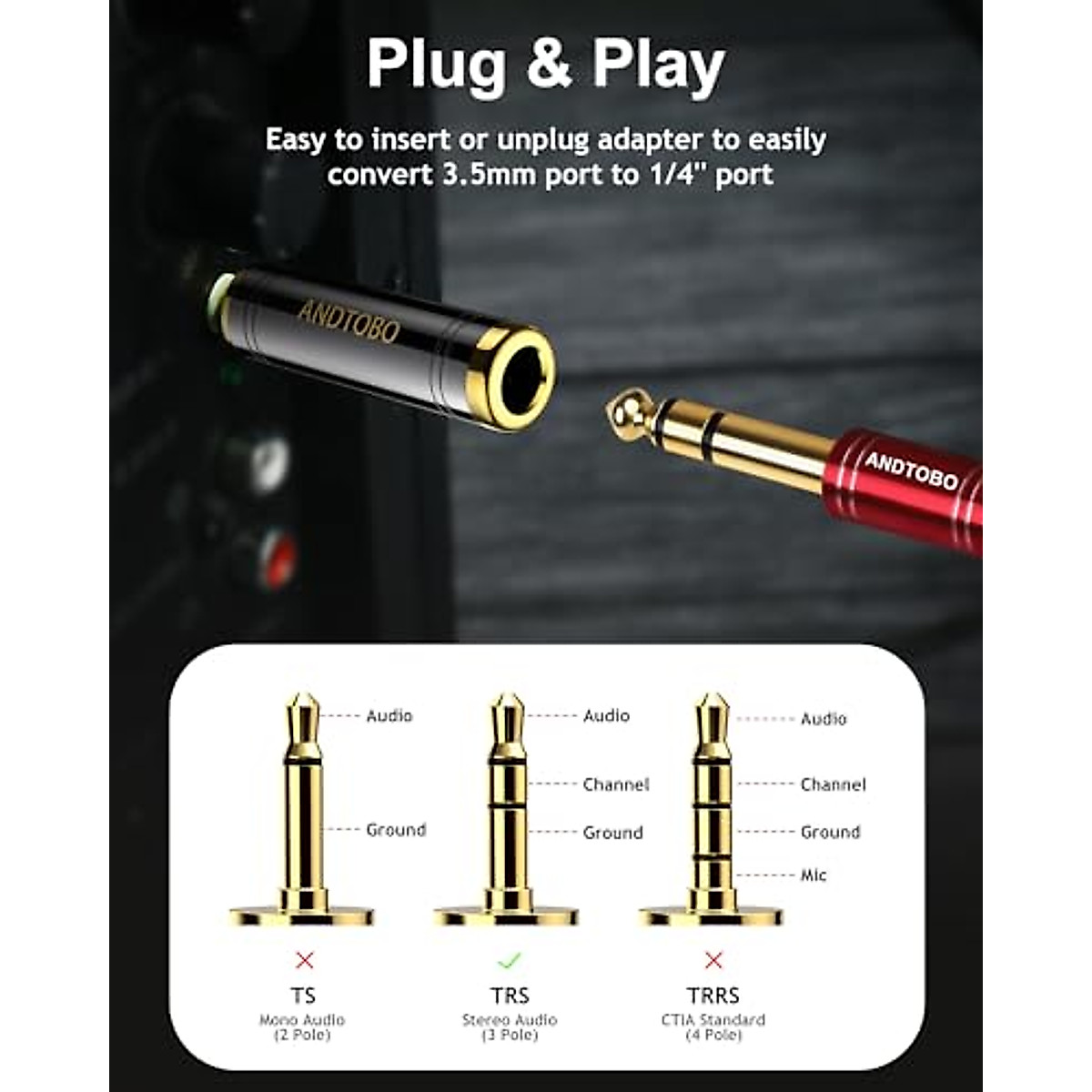 ANDTOBO 1/4'' to 3.5mm Stereo Pure Copper Headphone Adapter,3.5mm(1/8'') Plug Male to 6.35mm (1/4'') Jack Female Stereo Adapter, Black 2-Pack