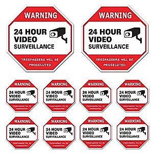 Video Surveillance Sign 10 Pack, CCTV 24 Hour Warning Sticker Door Window Yard Sign, Indoor & Outdoor Use (2-6x6", 8-3x3" Decal)