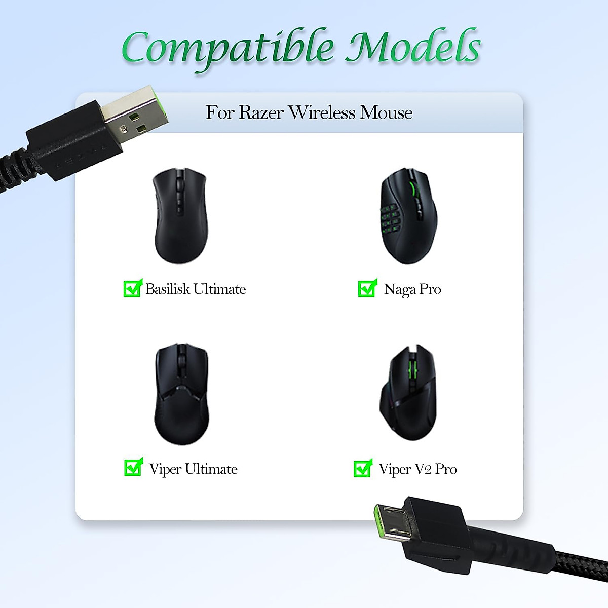 Aiivioll Wireless Mouse USB Charging Cable 1.8M for Razer Viper Ultimate,Basilisk Snake Ultimate,Viper V2 Pro,Viper Professional,with Nylon Braided Cable,Durability&Fast Charging(Black)