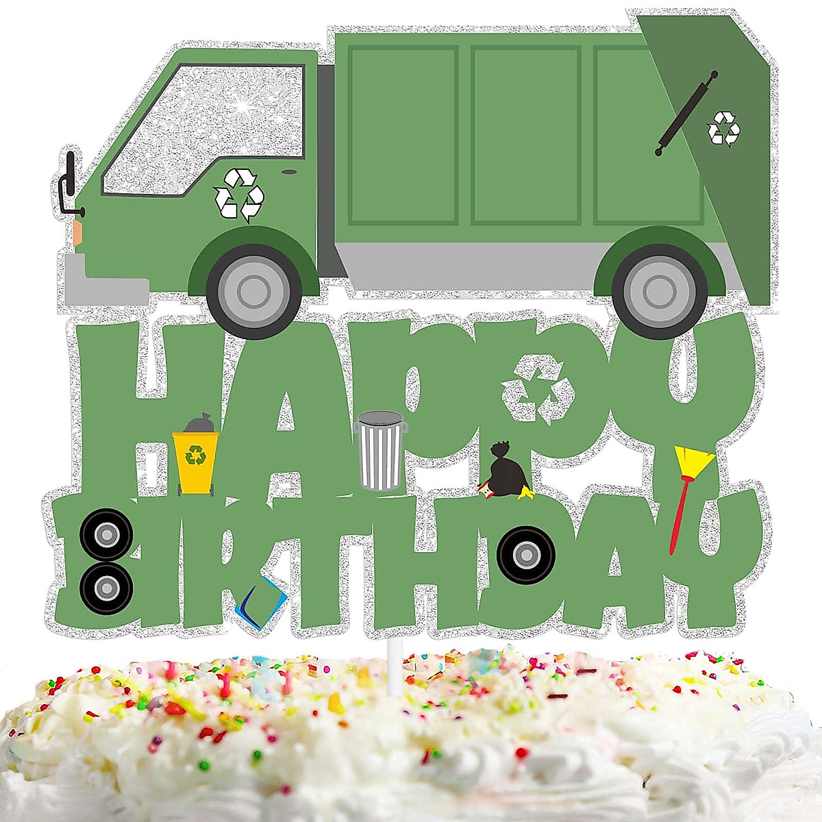 Green Glitter Garbage Truck One Cake Topper and 6PCS Dessert Cupcake Trash Cans Truck Waste Management Recycling Theme Decor Supplies Boys Girls Happy Birthday Party Decorations Set