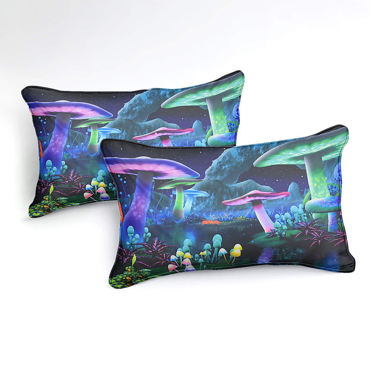 Mushroom Bedding Trippy Mushroom Duvet Cover Set Galaxy Sky Green Purple Mushroom Design Magic Cartoon Bedding Sets King 1 Duvet Cover 2 Pillowcases (King, Mushroom)