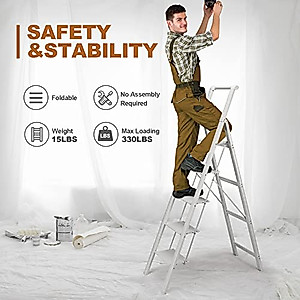 HBTower 5 Step Ladder, Aluminum Ladder with Handrails, Folding Step Stool for Adults, 330LBS Capacity Sturdy& Portable Ladder for Home Kitchen Library Office, White