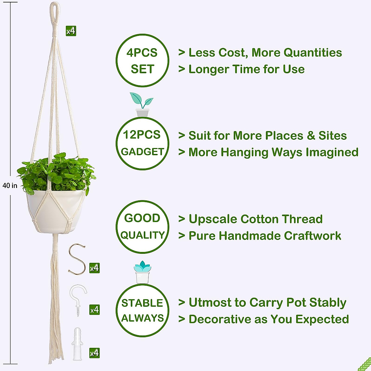 petonfun Macrame Plant Hangers Indoor Macrame,4 Pack Hanging Planter Holder for Window,Ceiling Crochet Handmade Boho Home Decor Set for Hanging Plants Basket Pot,Ivory