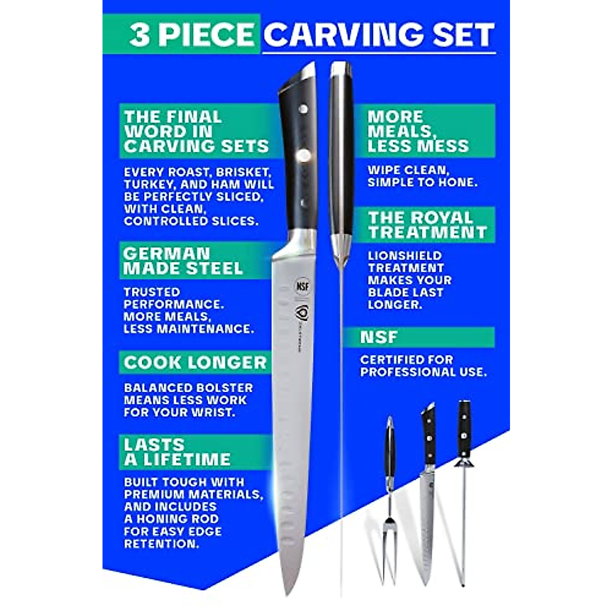 Dalstrong Carving Knife & Meat Fork Set - Gladiator Series Elite - 8" Honing Rod - Forged HC German Steel - 9 inch Carving Knife & Sheath - Hollow Ground Carving Set - Matching Fork - NSF Certified
