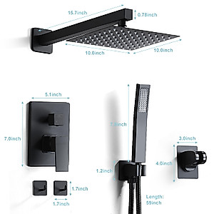 RTTWYYUU Matte Black Shower Head and Handle Set 10 Inch, Rain Shower Head with 2 Hooks, Luxury Rain Shower Set Square Wall Mount for Bathroom with Rain Shower and Handheld Shower System