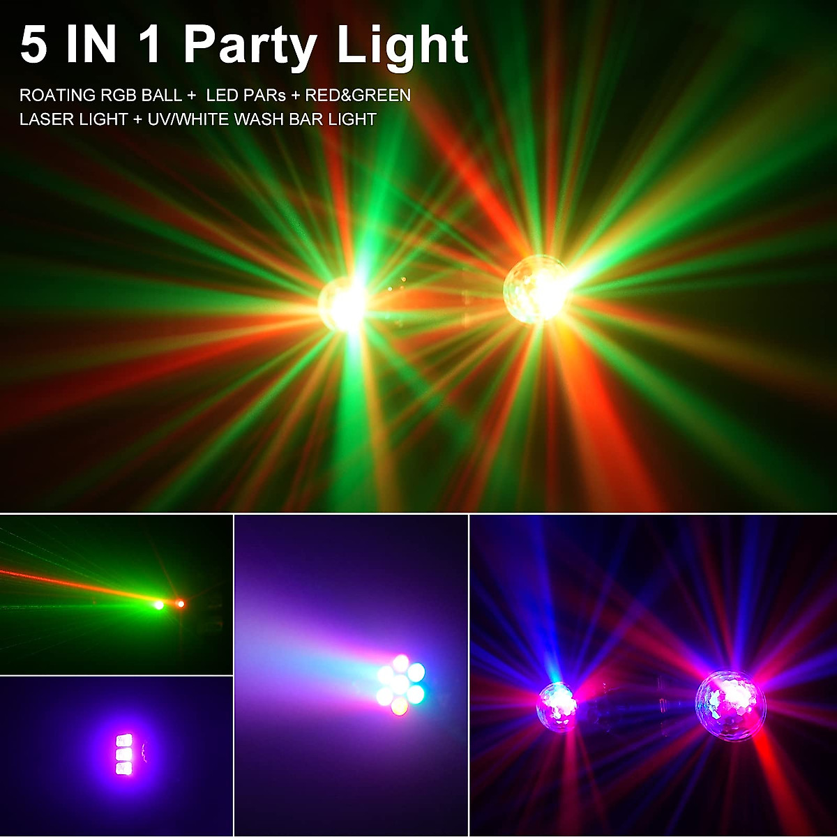 DJ Lights with Stand,5 in 1 Dj Lights for Parties Set Disco Ball Party Light with Remote Control, UV,Strobe, Dyeing Led Par Light and Pattern Lights for Bar Gig Wedding Christmas Stage Lights