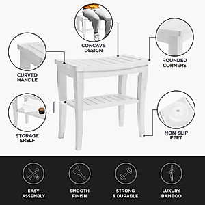 Bamboo Shower Bench Spa Stool - Wood 2-Tier Seat, Foot Rest Shaving Stool with Non-Slip Feet + Storage Shelf - Seat or Organizer for Bathroom, Living Room, Bedroom and Garden Décor (White)