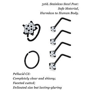 Vsnnsns 18G Nose Rings for Women Surgical Steel Nose Rings Hoops L Shaped Nose Studs Nose Hoop Rings 1.5mm 2mm 2.5mm 3mm Diamond CZ Nose Ring Nose Piercing Jewelry Black 20Pcs