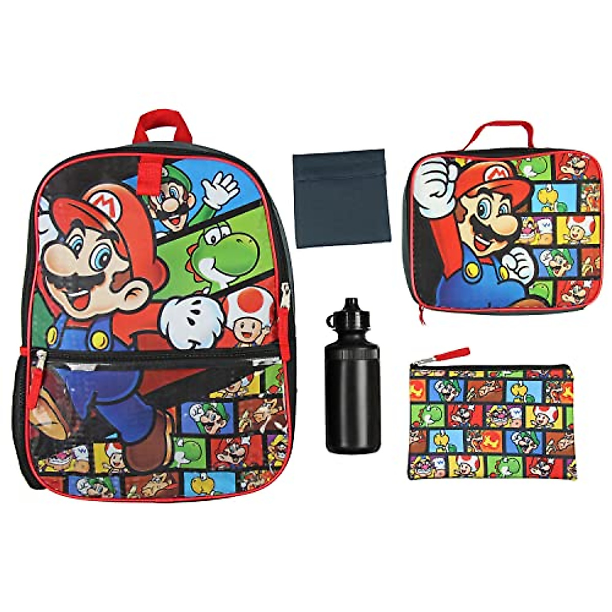 Nintendo Backpack Super Mario 5 PC Shimmer Character 16" Lunch Box Combo Set