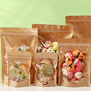 150-Pack Kraft Bags with Window 8 x 12" Reclosable Large Stand Up Mylar Bags for Food Storage Resealable Smell Proof Zip Lock Pouch, Edible Packaging, Reusable bags for Small Business