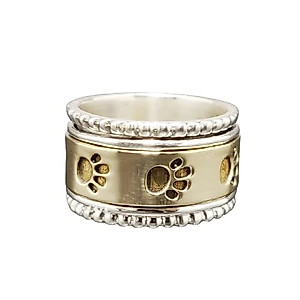 Paw Print Spinner Ring, Solid 925 Sterling Silver Ring, Brass Footprint Ring, Meditation Ring, Handmade Ring and Paw Symbol Spinner Ring for Women, Anxiety Ring, Mediation Ring and Fidget Spinner Ring