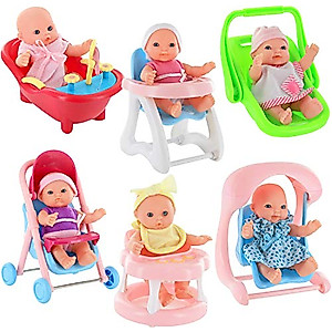 Click N' Play Mini 5 Inch Baby Girl Toy Dolls with Stroller, High Chair, Bathtub, Infant Seat, and Swing Accessories for Girls 3-6 Years Old